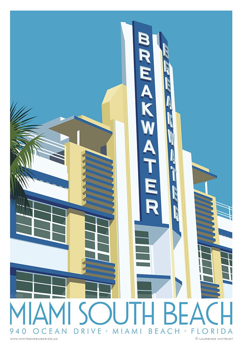 Miami, America. Travel Poster of the Breakwater Hotel, Miami, Florida ...