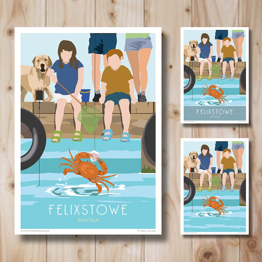 Felixstowe Crabbing, Ferry Jetty Crabbing. Print, Suffolk. Beach ...