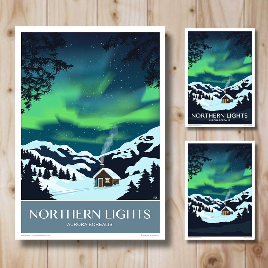Northern Lights, Aurora Borealis. Norwegian Hut. Travel Poster. A4, A3 ...