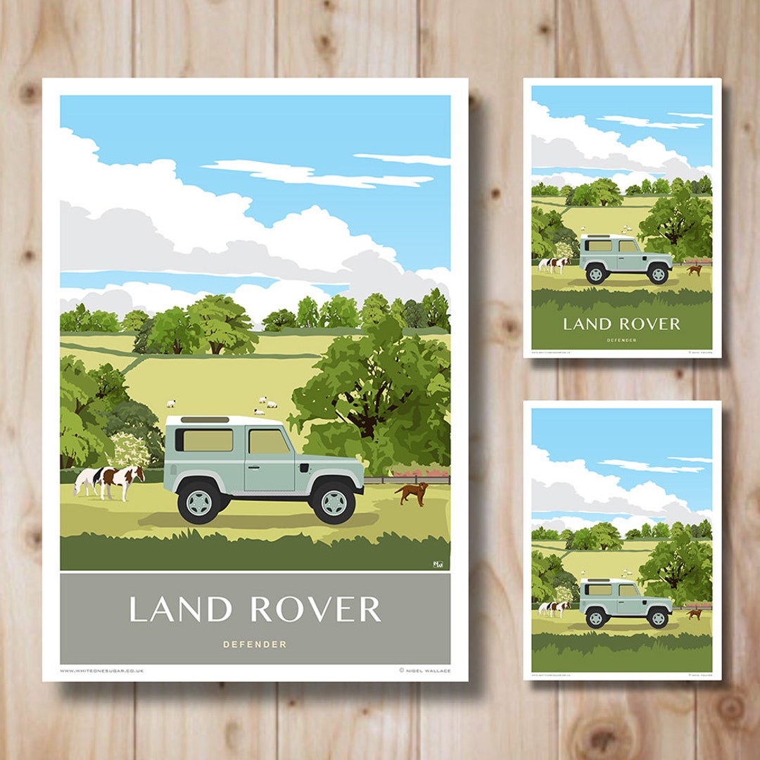 Travel Poster Land Rover Defender, Light Green, Country, Print, Art ...