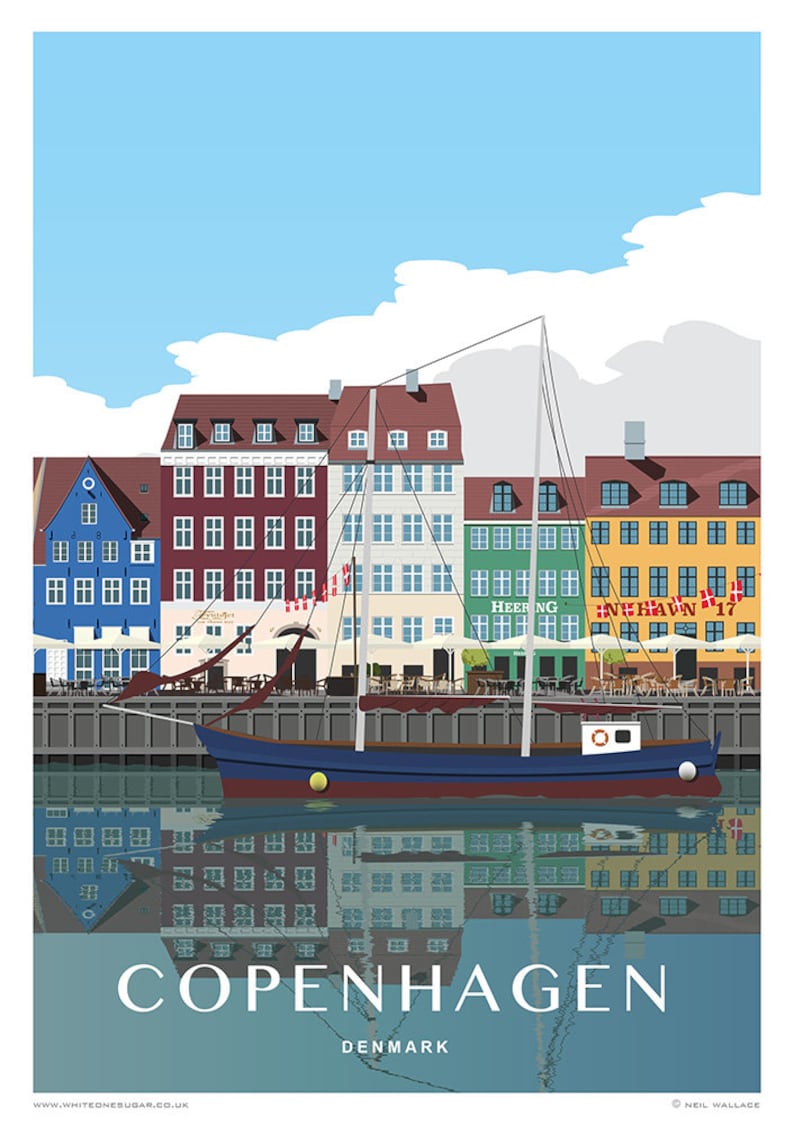 Nyhavn, Copenhagen, Denmark. Travel Poster. A4, A3, A2, A1. Portrait ...