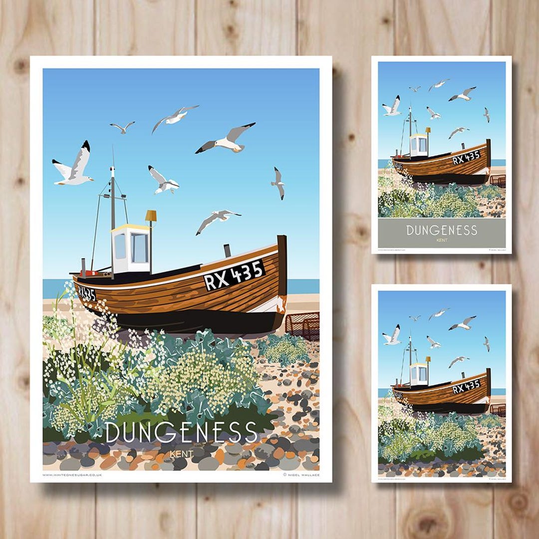 Dungeness Fishing Boat Travel Poster, Kent. Portrait, Retro, Art Deco ...