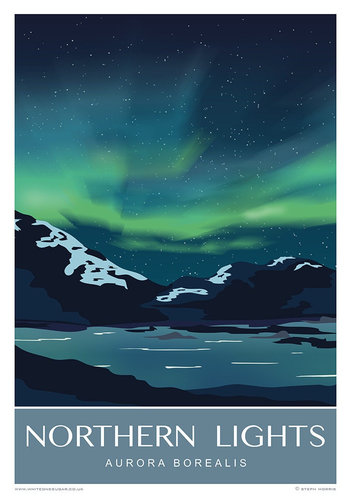 Northern Lights, Aurora Borealis. Travel Poster. A4, A3, A2, A1 Three ...