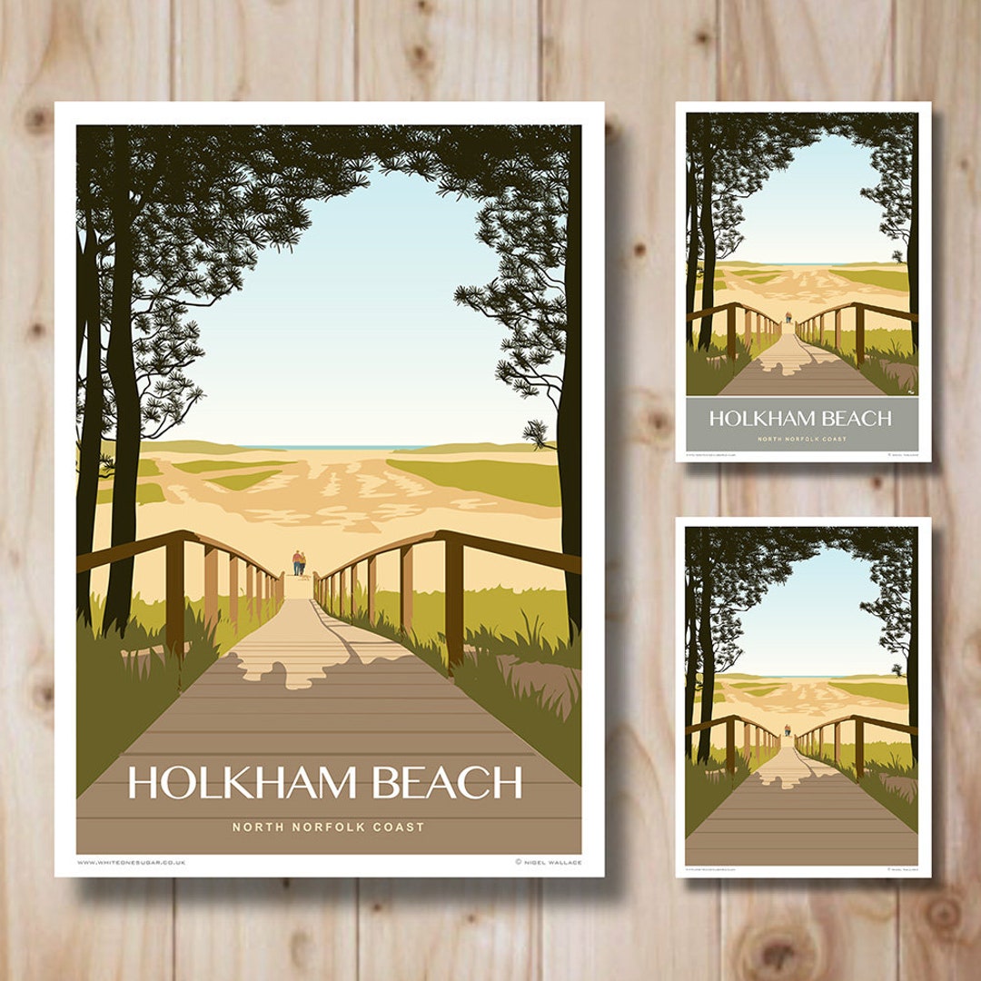 Holkham Beach Poster, North Norfolk, Portrait, in Retro, Art Deco Style ...