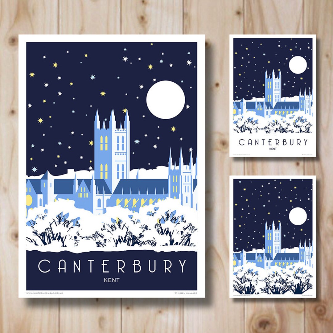 Canterbury Cathedral Snow Travel Poster. Portrait, in Retro, Art Deco ...