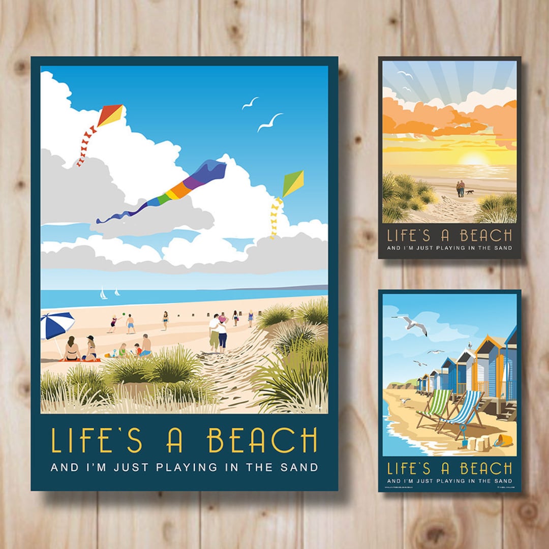 Life's a Beach Travel Poster. Portrait, Retro, Art Deco Style Design ...