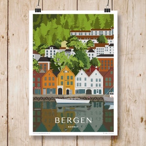 Bergen, Norway. Travel Poster. A4, A3, A2, A1. Portrait and Landscape ...