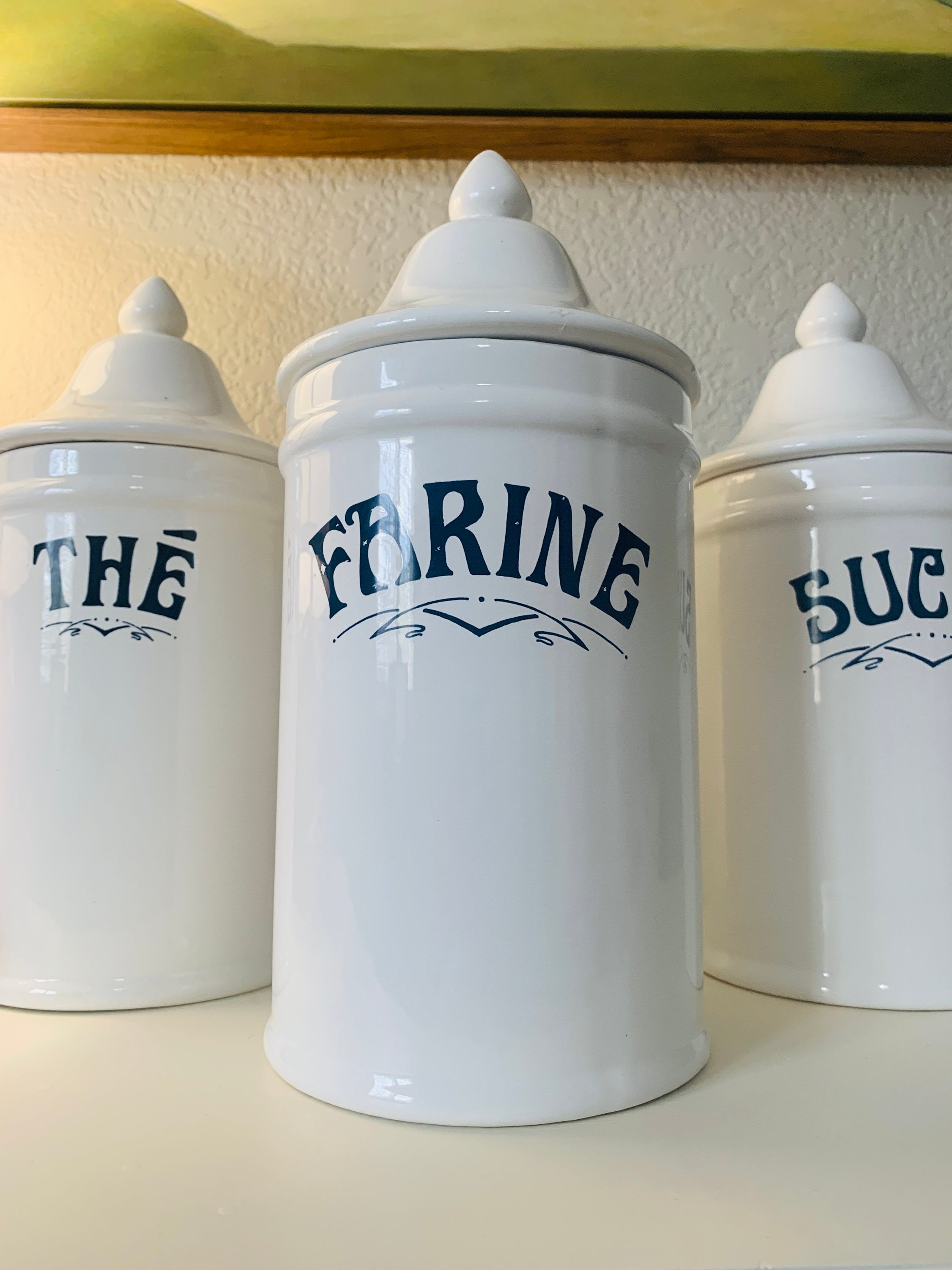 1983 Ceramic Flour-farine Canister White and Navy Blue Flour Jar Flour ...