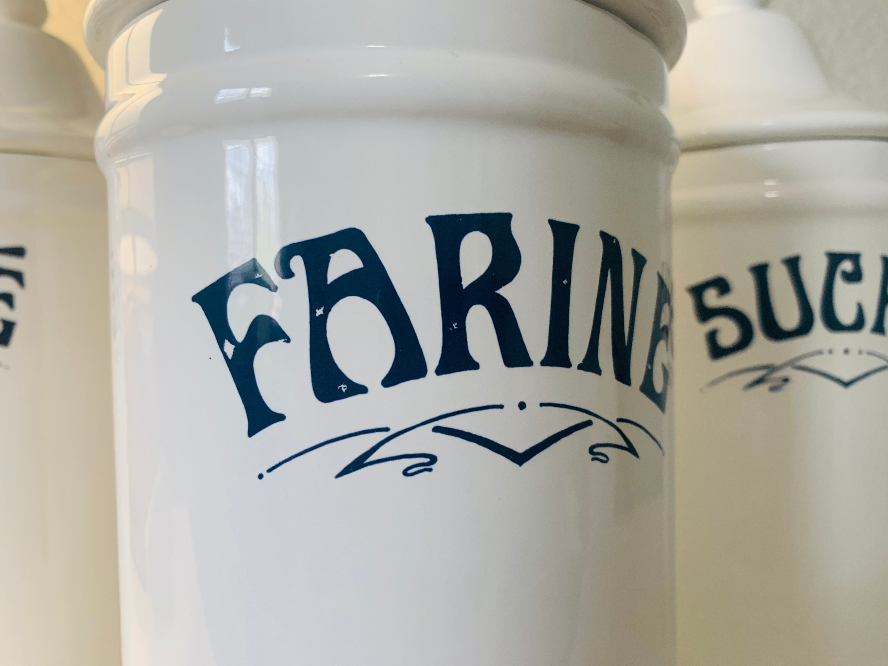 1983 Ceramic Flour-farine Canister White and Navy Blue Flour Jar Flour ...