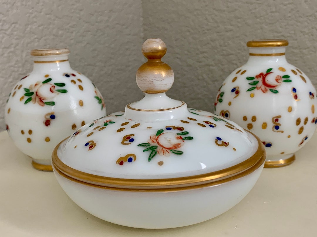 1890's Handpainted Milk Glass Vanity Setlidded Bowl2 Bottlesvictorian ...
