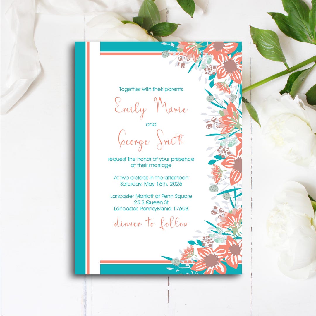Wedding Invitation, Coral and Teal, Flowers, Modern, Custom ...