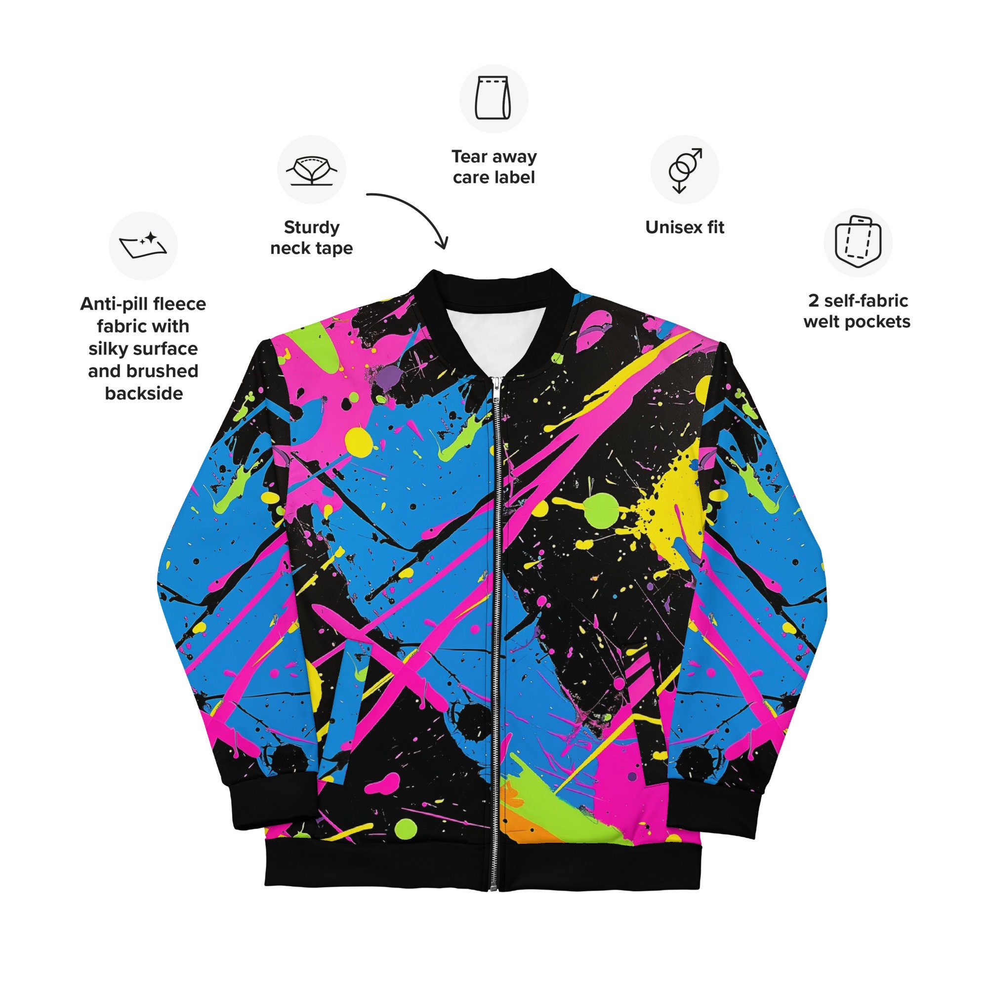 Neon Paint Splatter Jacket, Unisex Rave Bomber Jacket, Retro Full Zip ...