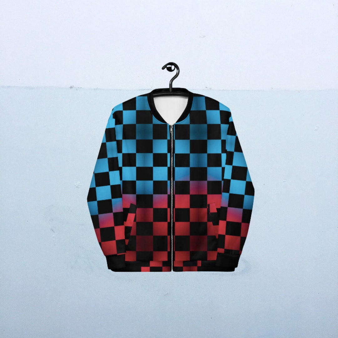 Color Fade Bomber Jacket, Checkered Retro Jackets, Festival Full Zip ...