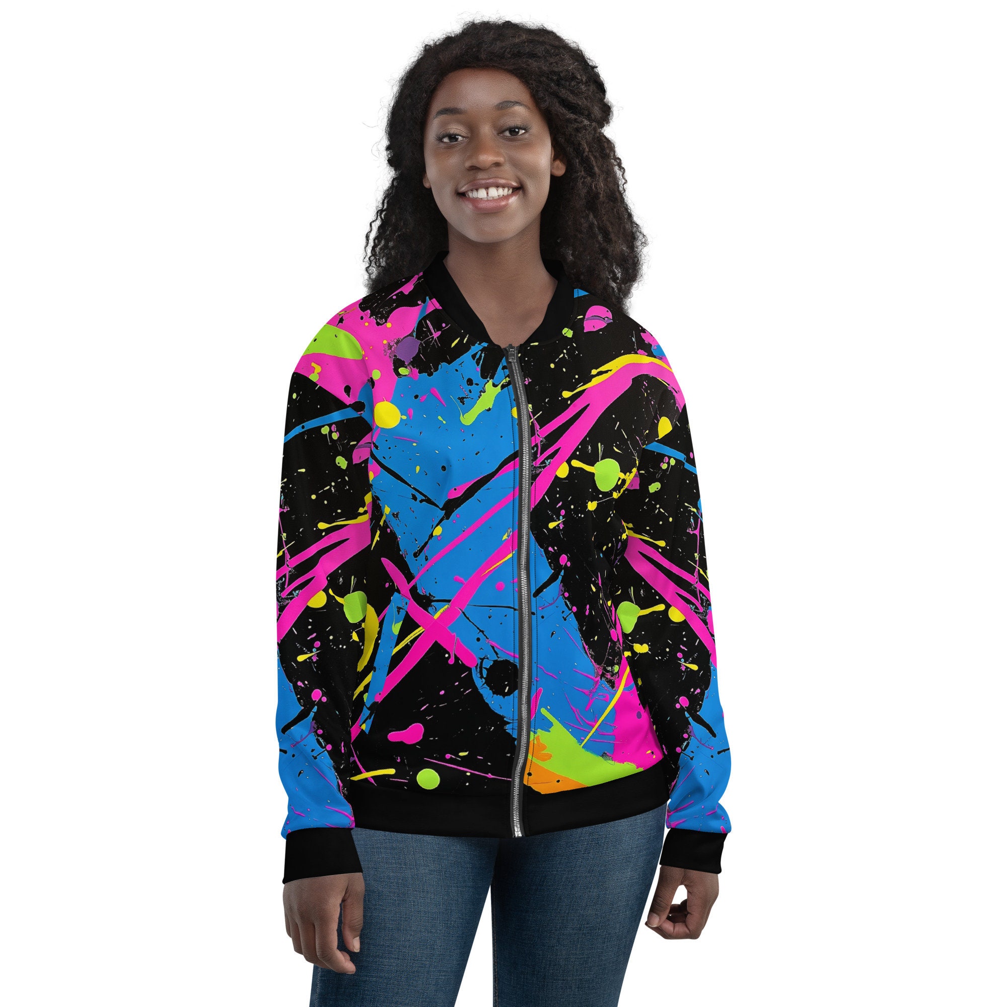 Neon Paint Splatter Jacket, Unisex Rave Bomber Jacket, Retro Full Zip ...