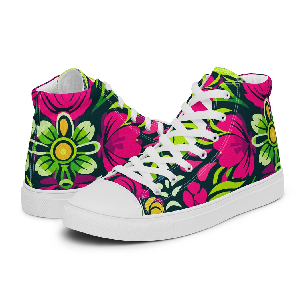 Chic Women's High Top Canvas Sneakers Hot Pink and Lime Green Floral ...