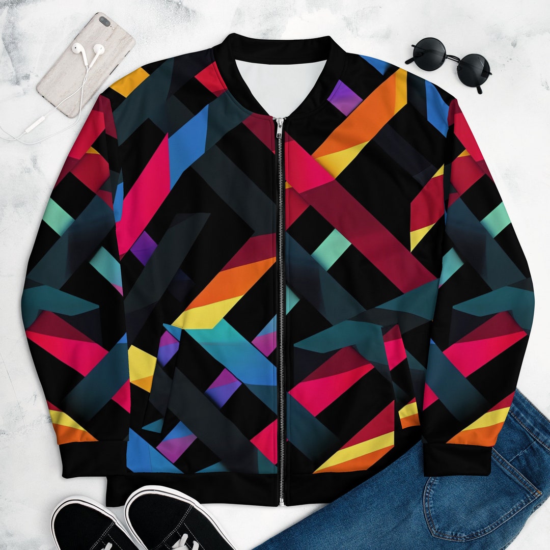 Retro Unisex Bomber Jacket, 80s Abstract Neon Jacket, Festival Bomber ...