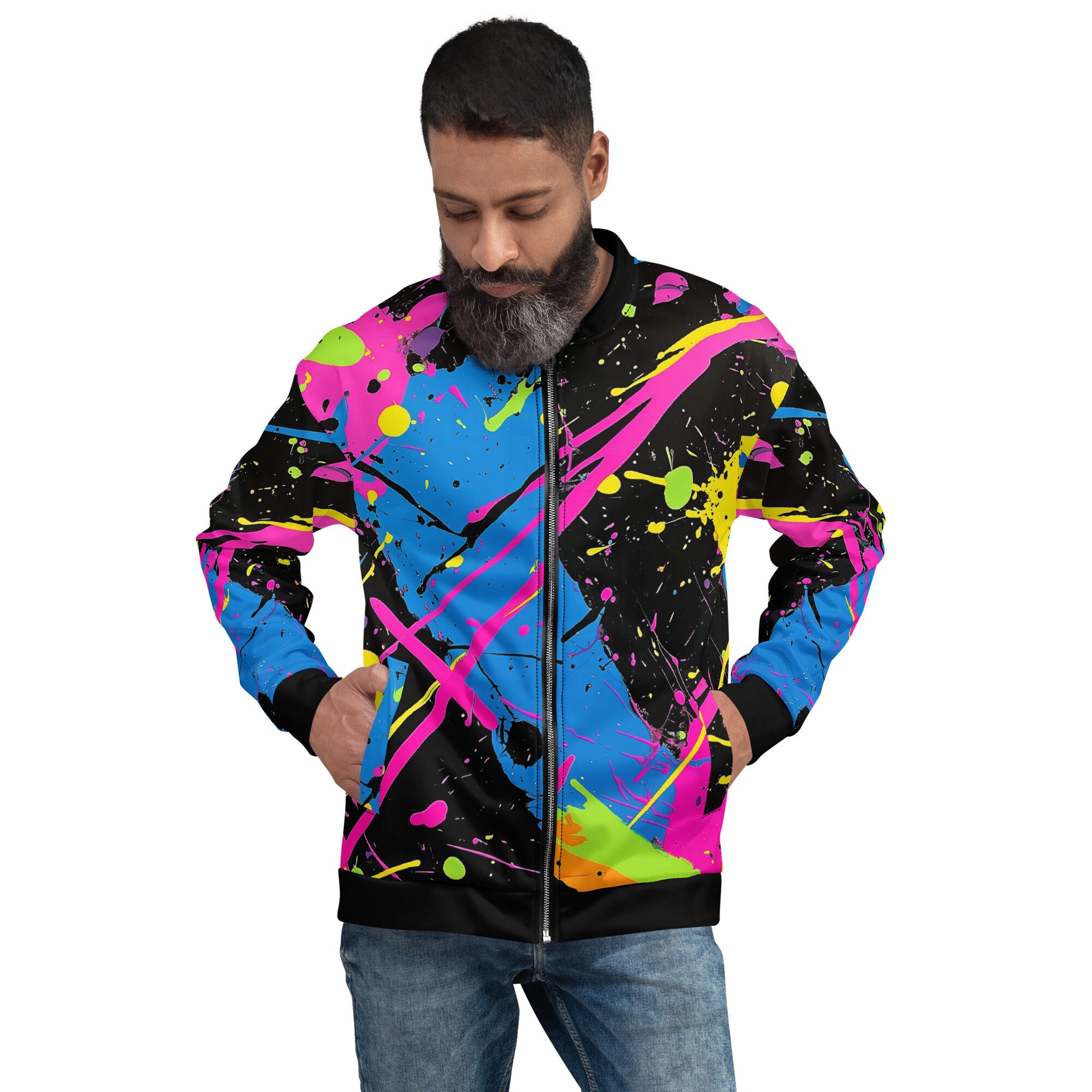 Neon Paint Splatter Jacket, Unisex Rave Bomber Jacket, Retro Full Zip ...
