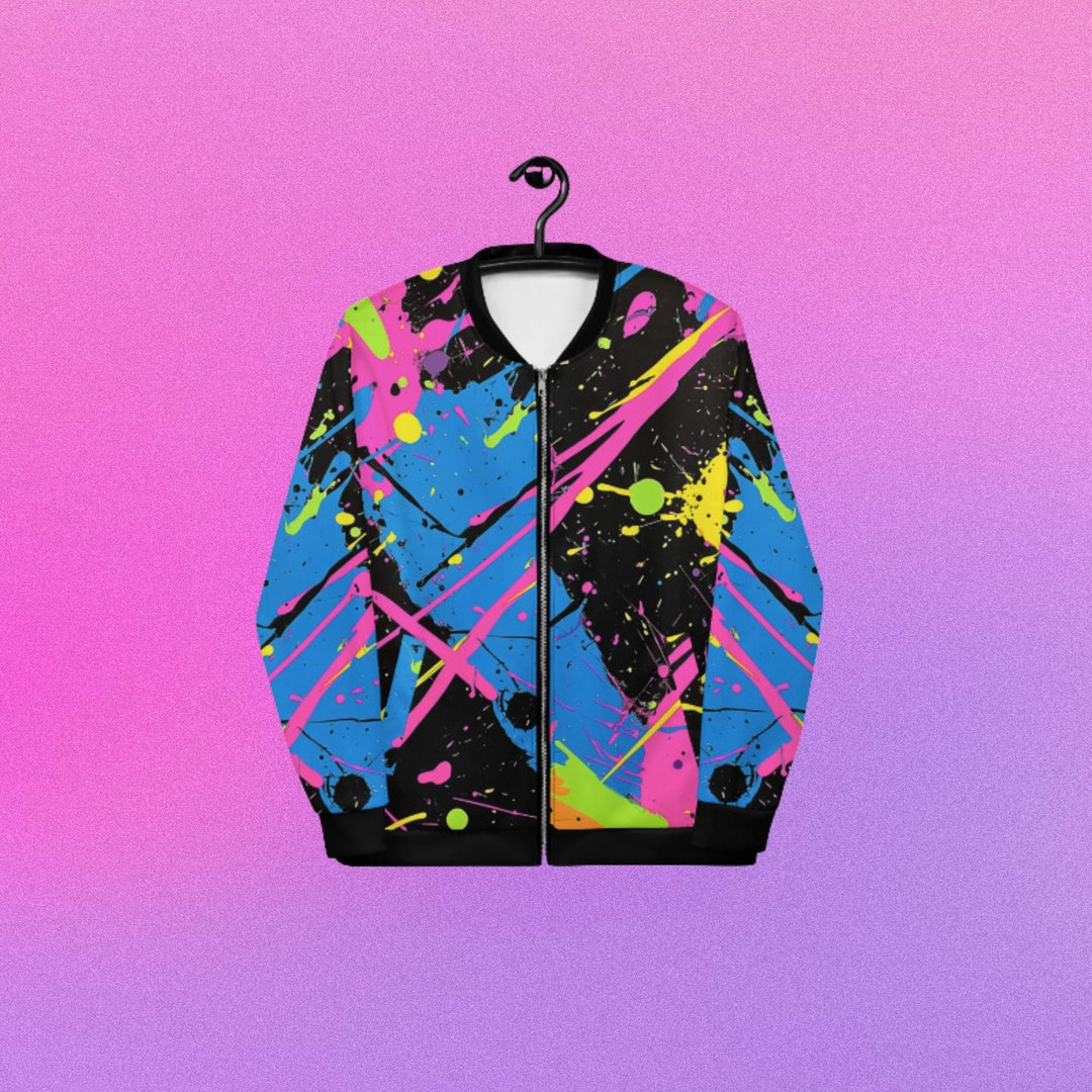 Neon Paint Splatter Jacket, Unisex Rave Bomber Jacket, Retro Full Zip ...