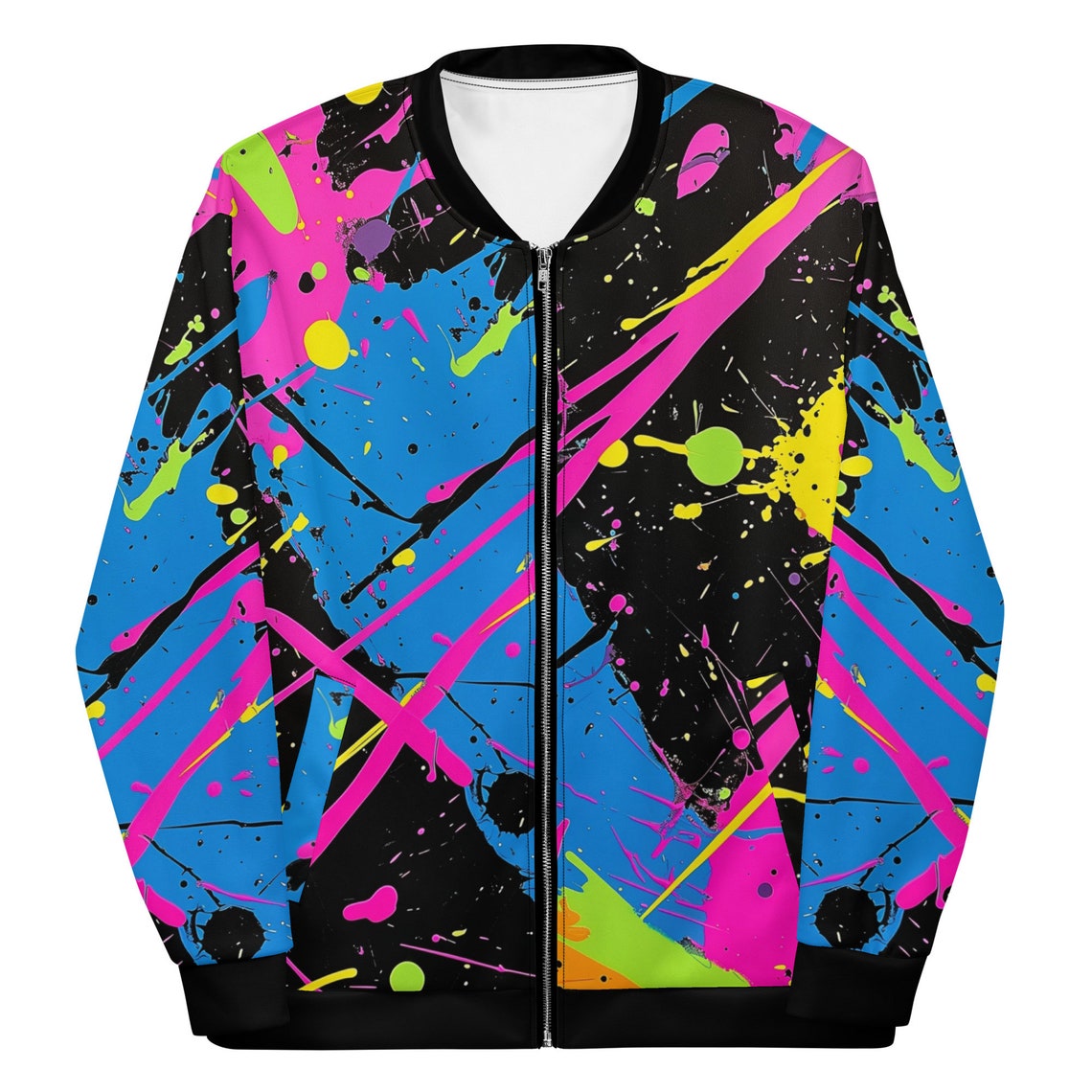 Neon Paint Splatter Jacket, Unisex Rave Bomber Jacket, Retro Full Zip ...
