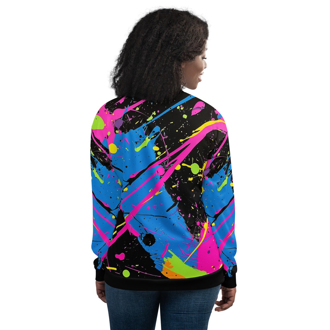 Neon Paint Splatter Jacket, Unisex Rave Bomber Jacket, Retro Full Zip ...