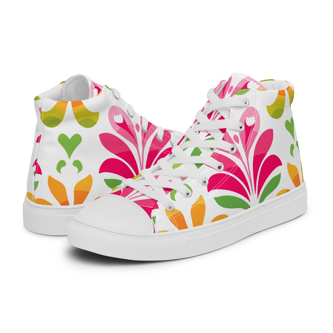 Hot Pink and Green High Top Canvas Sneakers Women's Fashion Shoes ...