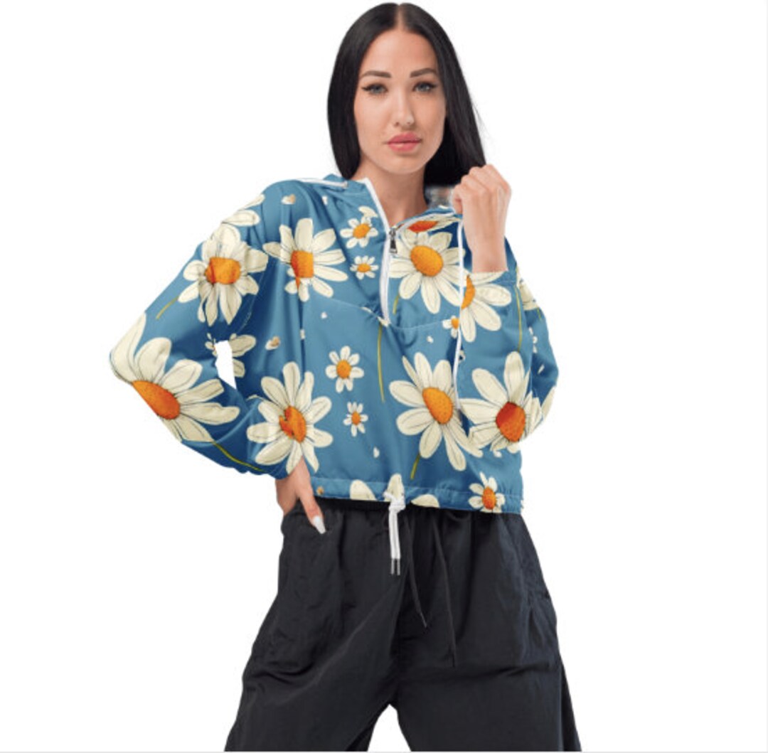 Blue and White Floral Windbreaker, Womens Cropped Wind Breaker, Perfect ...