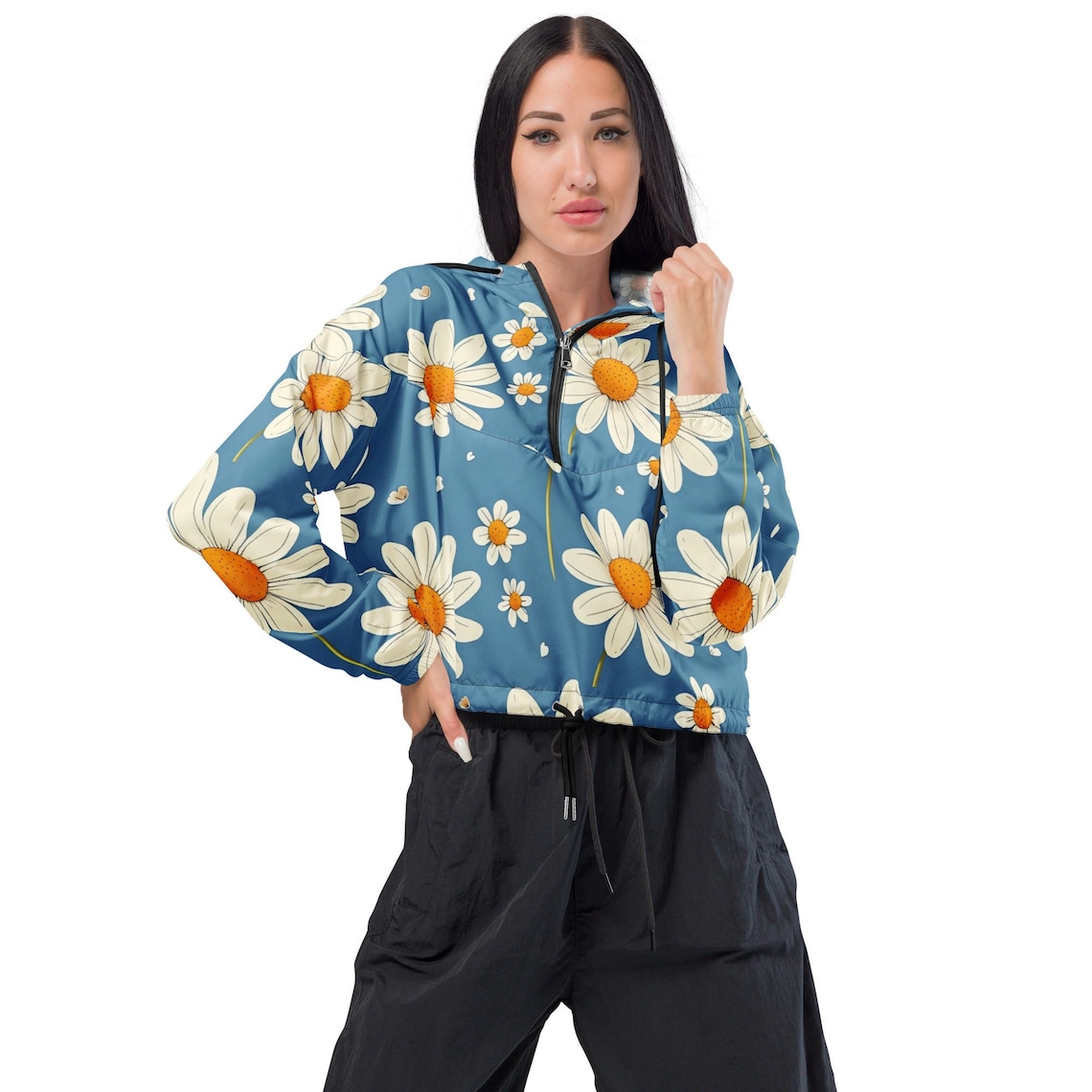 Blue and White Floral Windbreaker, Womens Cropped Wind Breaker, Perfect ...