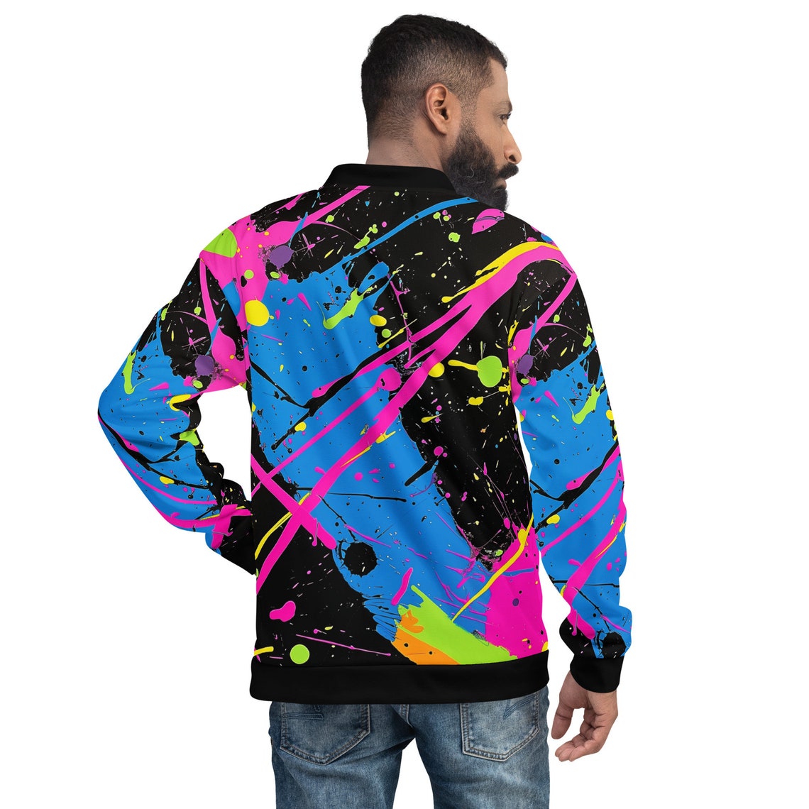 Neon Paint Splatter Jacket, Unisex Rave Bomber Jacket, Retro Full Zip ...