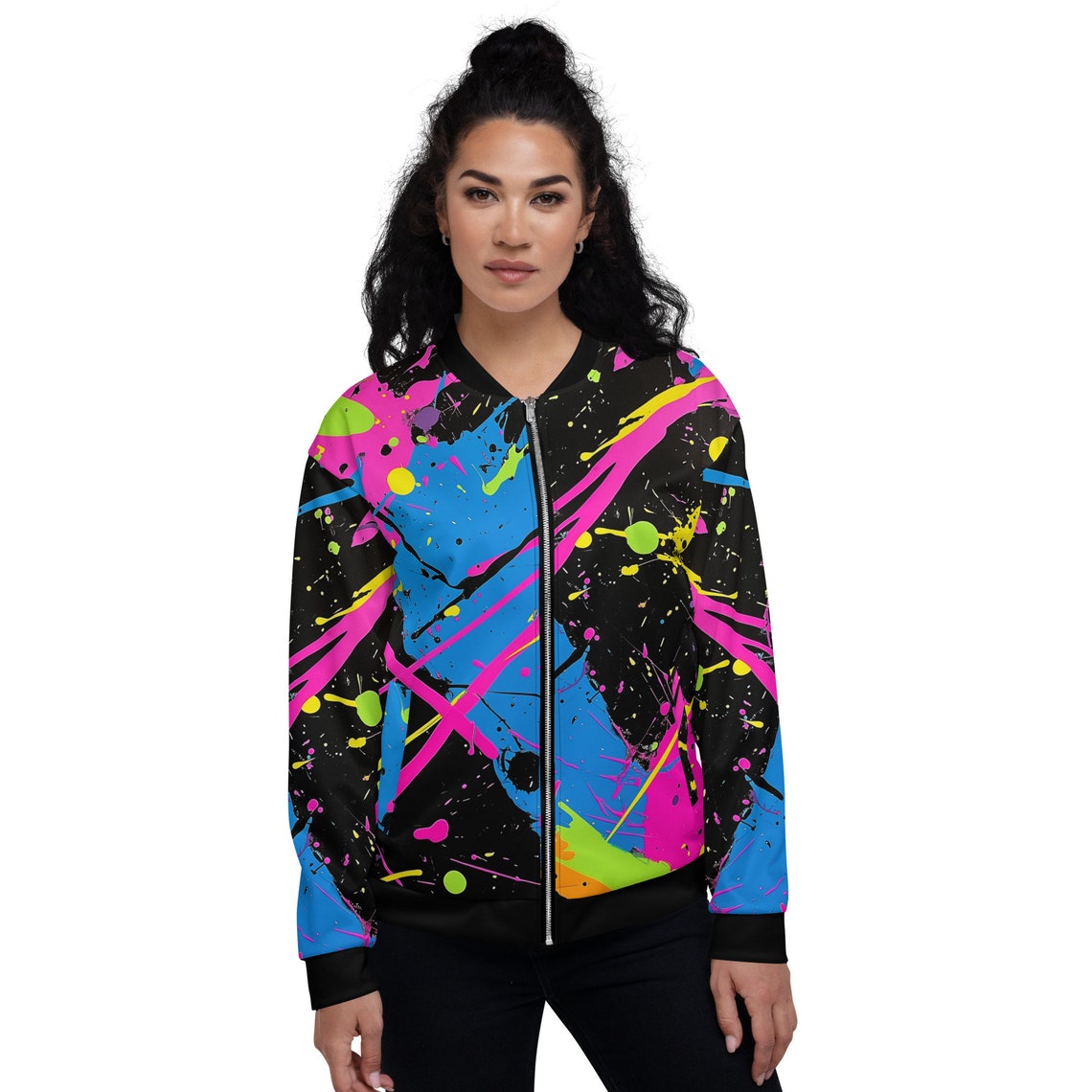 Neon Paint Splatter Jacket, Unisex Rave Bomber Jacket, Retro Full Zip ...