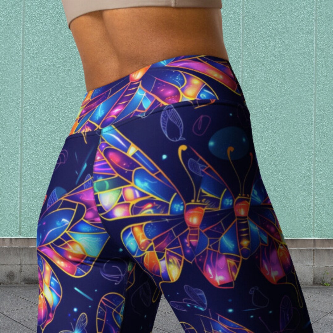 Neon Butterflies Yoga Leggings Butterfly Rave Wear, Retro Yoga Leggings ...