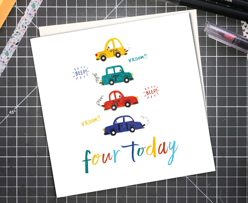 Four Today Kids Birthday Card Cars Illustration Cute Bright Primary ...