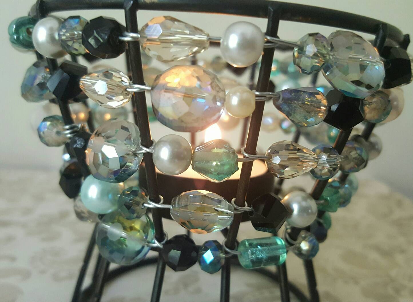 Hand Beaded Tea Light Holder, Wrought-iron, Aqua, Black, and Pearls - Etsy