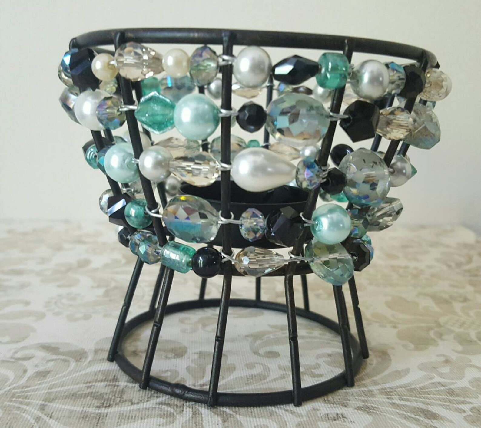 Hand Beaded Tea Light Holder, Wrought-iron, Aqua, Black, and Pearls - Etsy