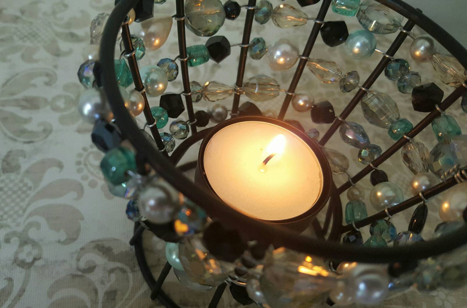 Hand Beaded Tea Light Holder, Wrought-iron, Aqua, Black, and Pearls - Etsy
