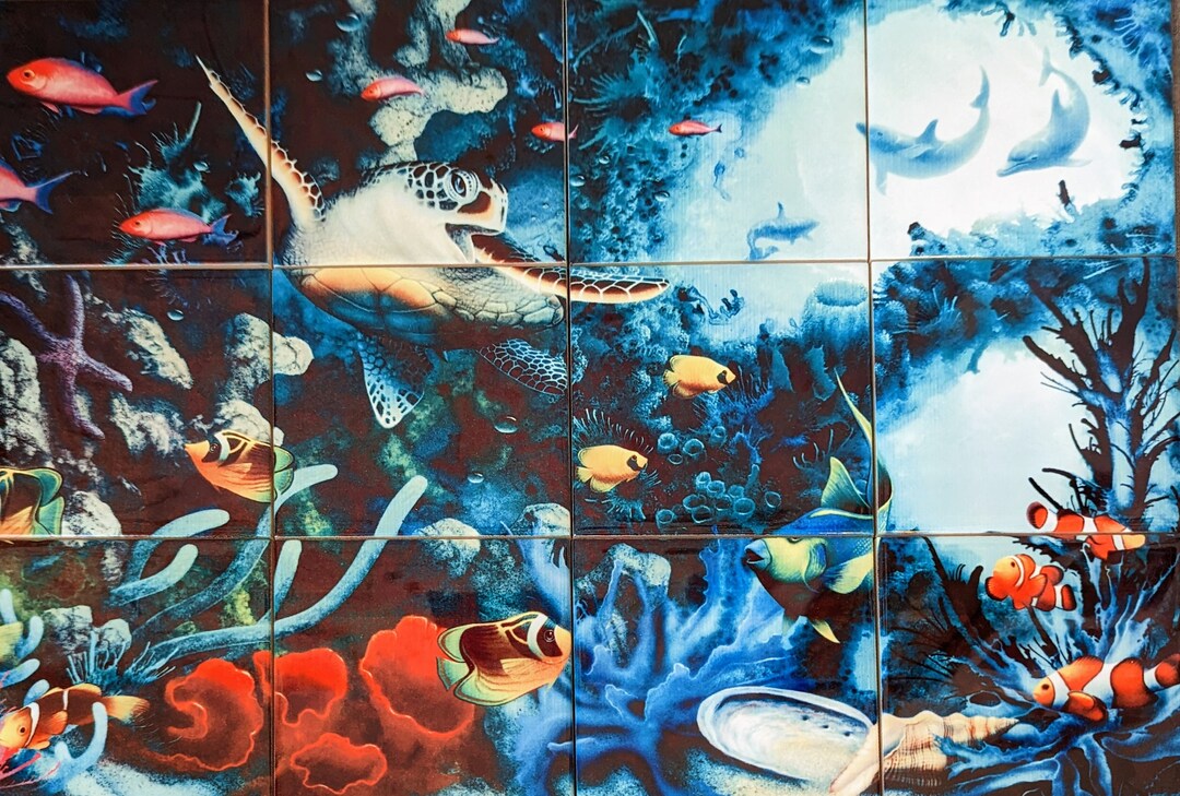 Coral Reef Sea Turtle Ceramic Tile Mural Backsplash. - Etsy