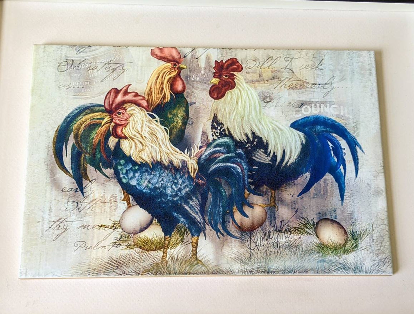 Roosters Ceramic Wall Art Tile, 8" by 12" Glossy Finish, With or ...