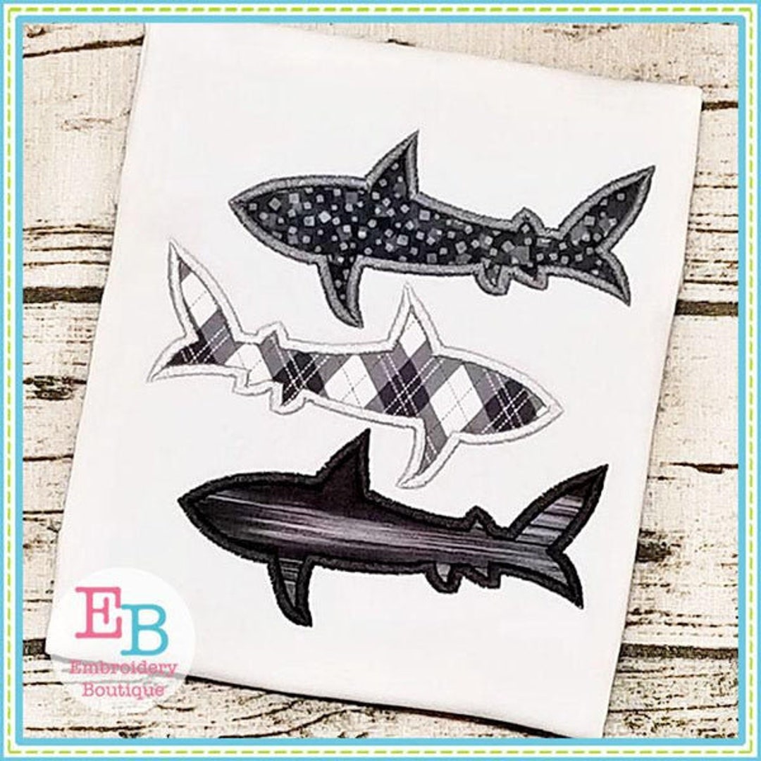 Shark Trio Applique: Machine Embroidery Digital File (5x7, 6x10, 9x9 ...