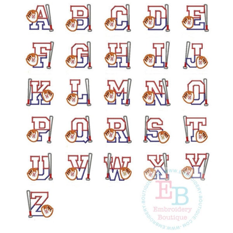 Baseball Bat Applique Alphabet: Machine Embroidery Digital Design ...
