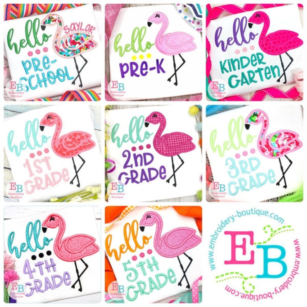 Hello Grade Flamingo Applique Bundle, INSTANT DOWNLOAD, Multiple Sizes ...