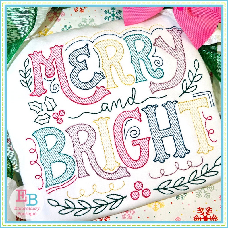 Merry and Bright Embroidery Design: Festive Christmas Saying (digital ...