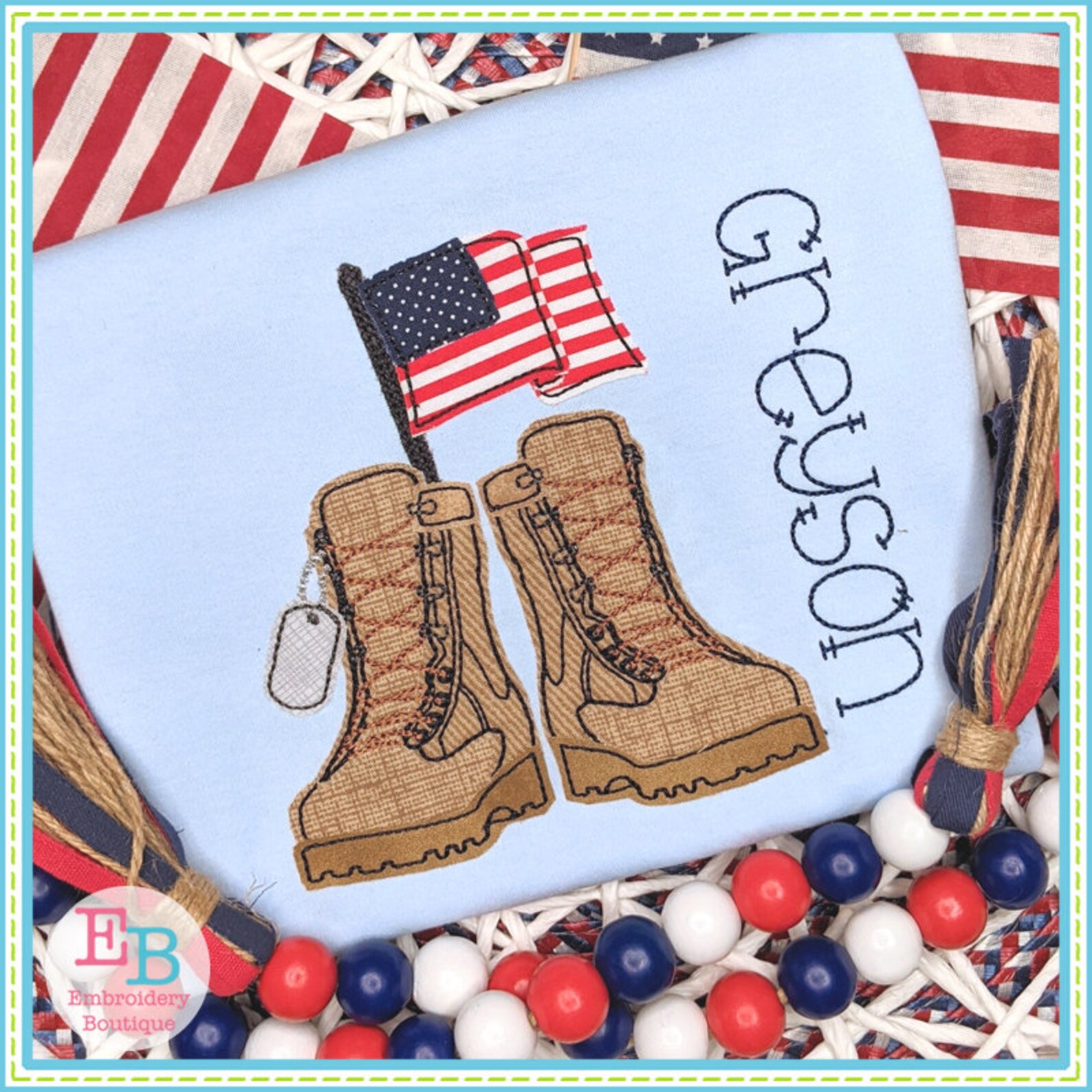 Boots Dog Tags Flag Applique: Patriotic Embroidery Design (digital File ...