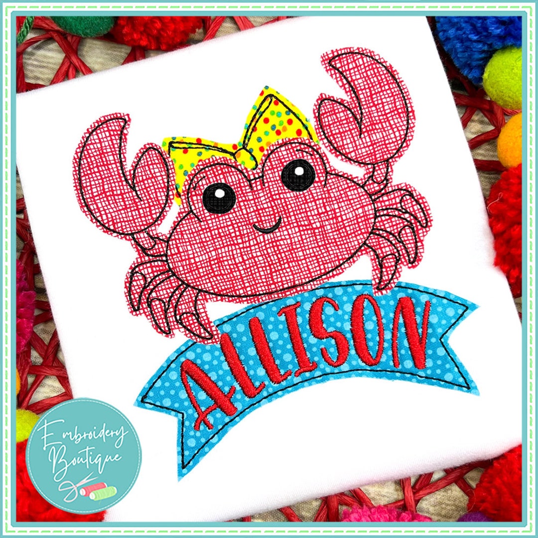Crab Banner Bow Bean Stitch Applique, INSTANT DOWNLOAD, Multiple Sizes ...