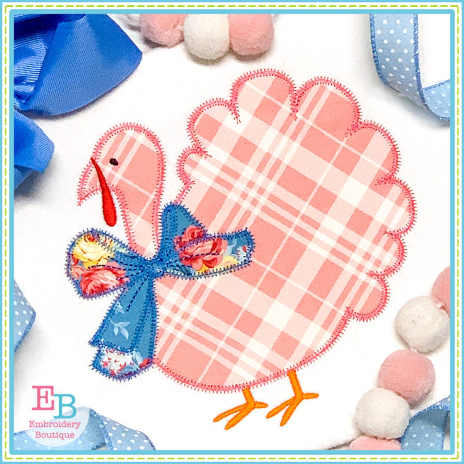 Turkey Big Bow Zigzag Applique: Thanksgiving Embroidery Design (digital ...