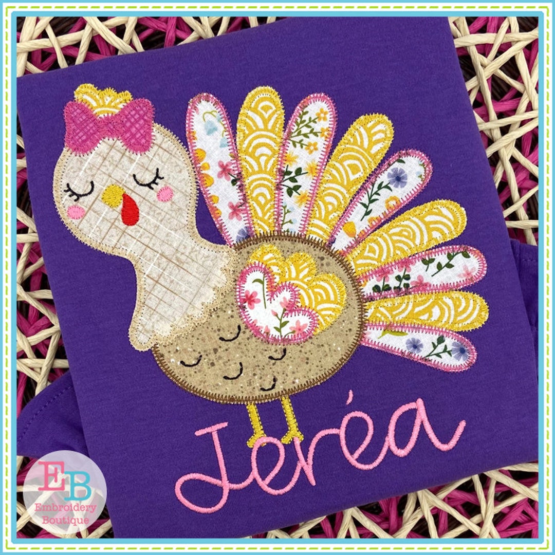 Girl Turkey Zigzag Stitch Applique Design, INSTANT DOWNLOAD, Multiple ...
