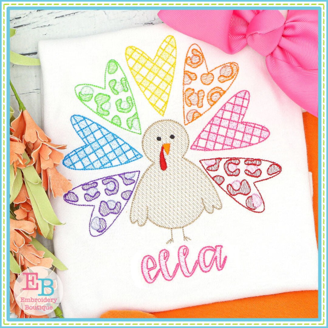 Turkey Heart Cheetah Sketch Embroidery Design: Fall Thanksgiving ...