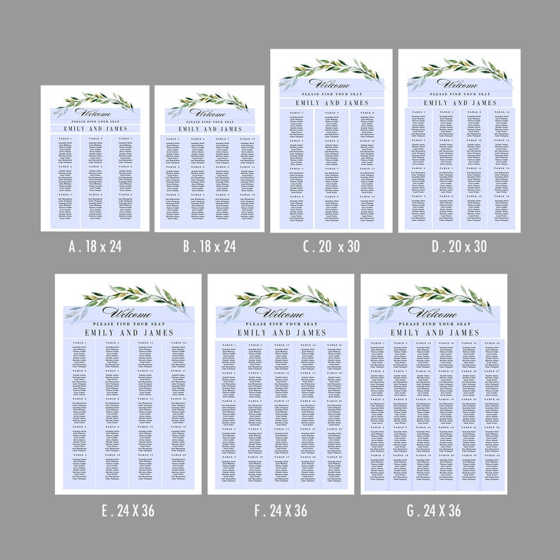 7 Sizes Wedding Seating Chart Template Editable Wedding Table - Etsy Canada
