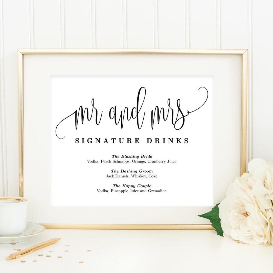 Printable Mr and Mrs Signature Drinks Bar Sign Template - Bride Groom ...