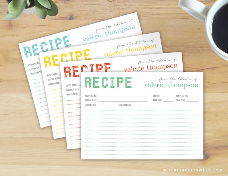 Personalized Recipe Cards Set of 4 Modern and Bright Colors - Etsy