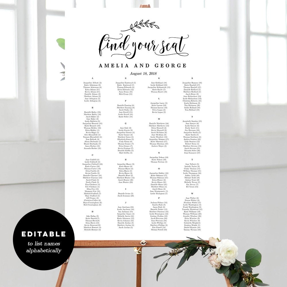 Floral Seating Chart Template Fully Editable Seating Cards C20 Templett ...