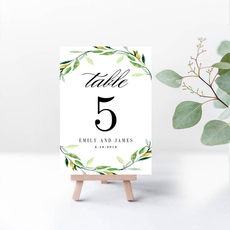 Green Foliage Printable Table Number Card Editable Template - Etsy